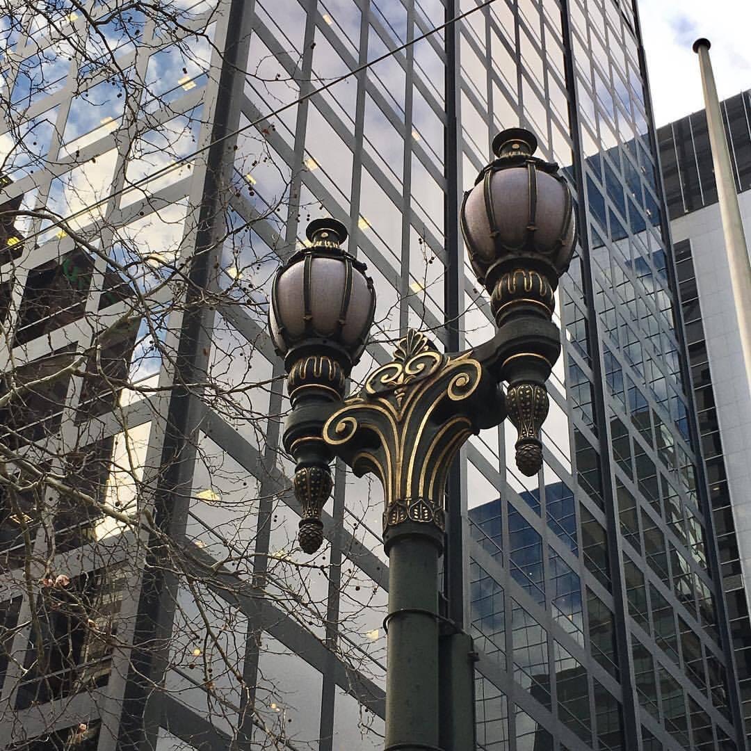 Old electric street lamps – double headed variety – Storey of Melbourne